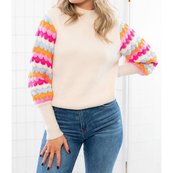 THML | Sweaters | New Thml Bishop Sleeve Sweater In Beige Multi | Poshmark